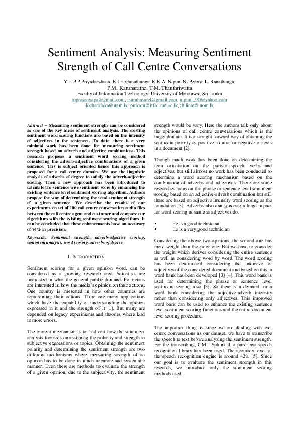 (PDF) Sentiment Analysis: Measuring Sentiment Strength of Call Centre ...