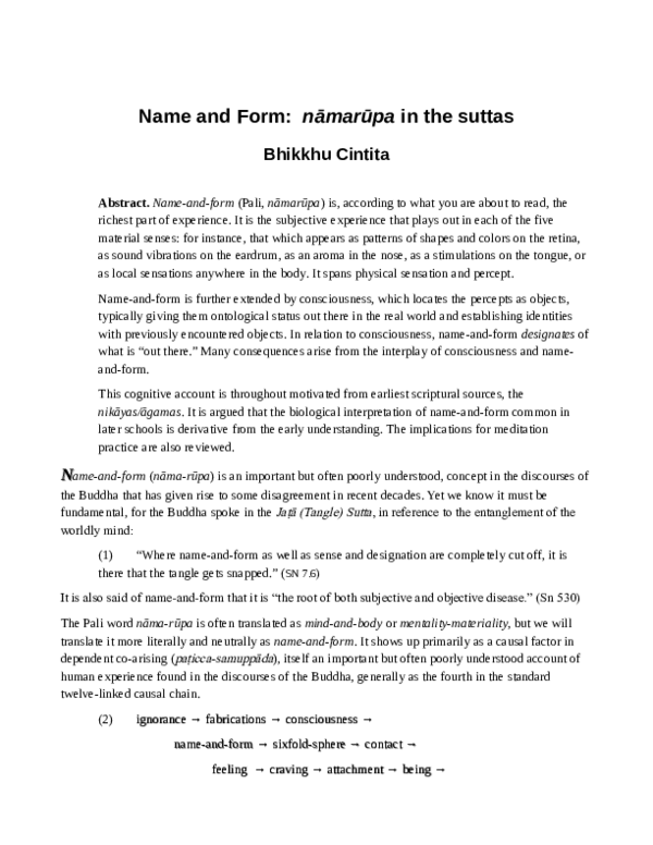 (PDF) Name and Form: nāmarūpa in the suttas