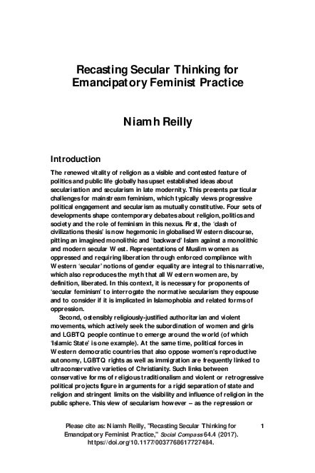 (PDF) Recasting Secular Thinking for Emancipatory Feminist Practice