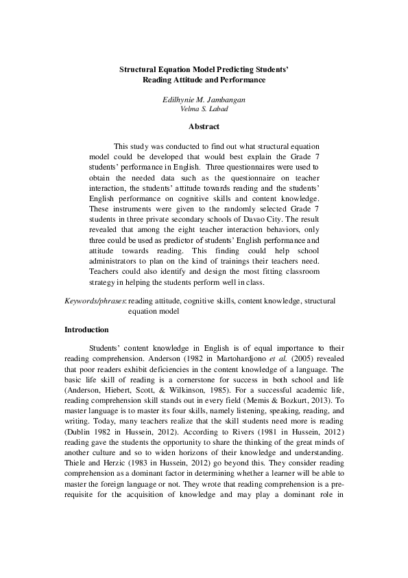 (PDF) Structural Equation Model Predicting Students' Reading Attitude ... (PDF) Structural Equation Model Predicting Students' Reading Attitude ...