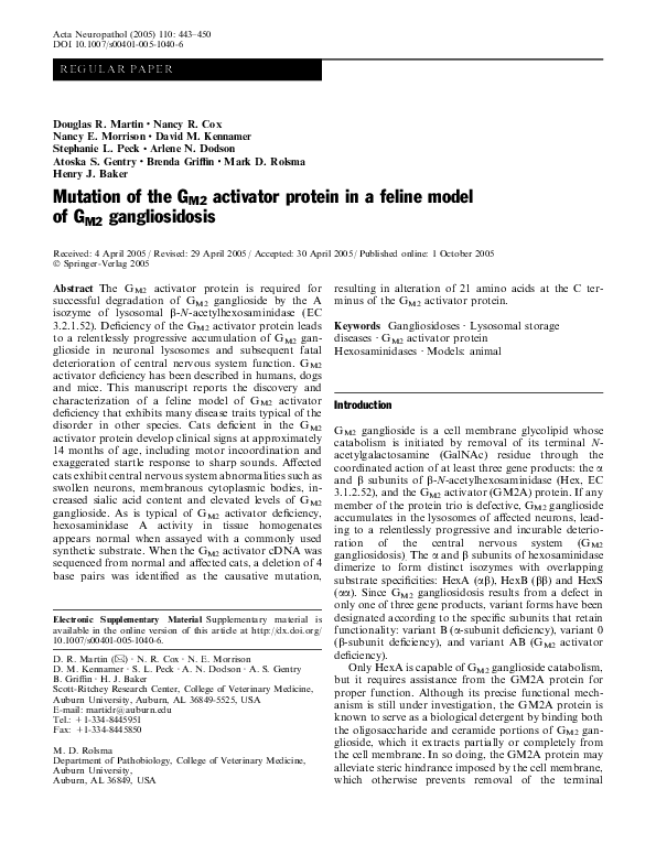 (PDF) Mutation of the GM2 activator protein in a feline model of GM2 ...
