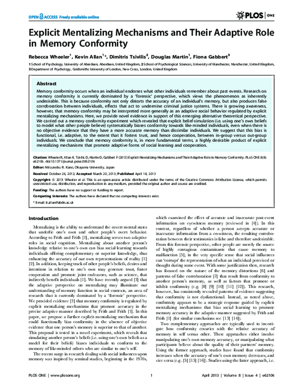 (PDF) Explicit Mentalizing Mechanisms and Their Adaptive Role in Memory ...
