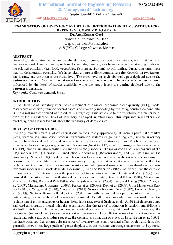 Pdf Management Technology Examination Of Inventory Model For Deteriorating Items With Stock