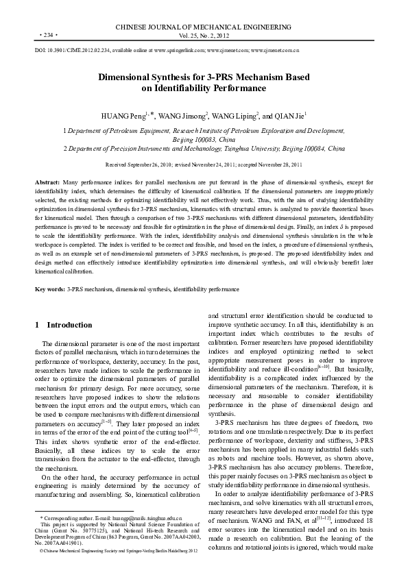 (PDF) Dimensional synthesis for 3-PRS mechanism based on identifiability performance