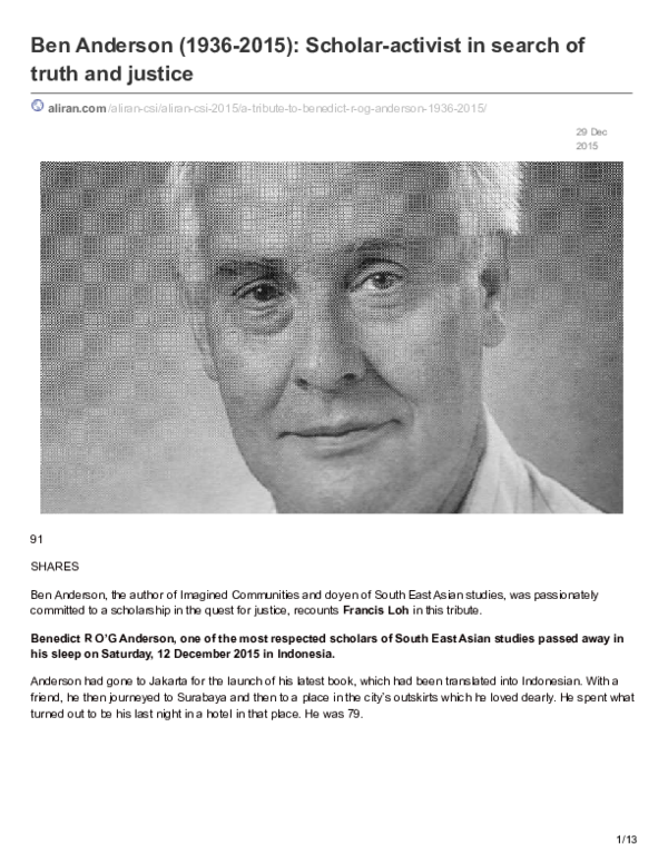 (PDF) Tribute to Ben Anderson (1936-2015): Scholar-activist in search ...