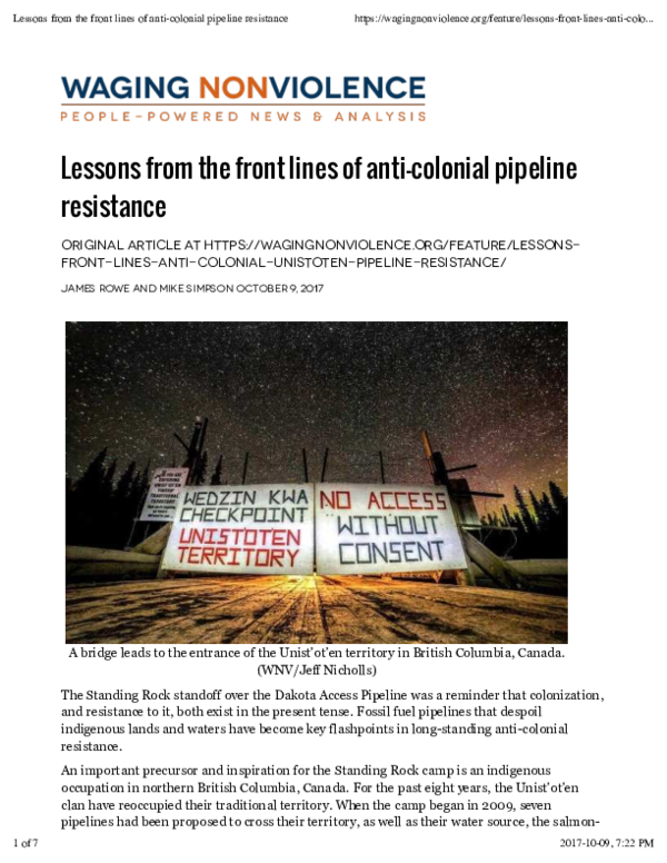 (PDF) Lessons from the front lines of anti-colonial pipeline resistance