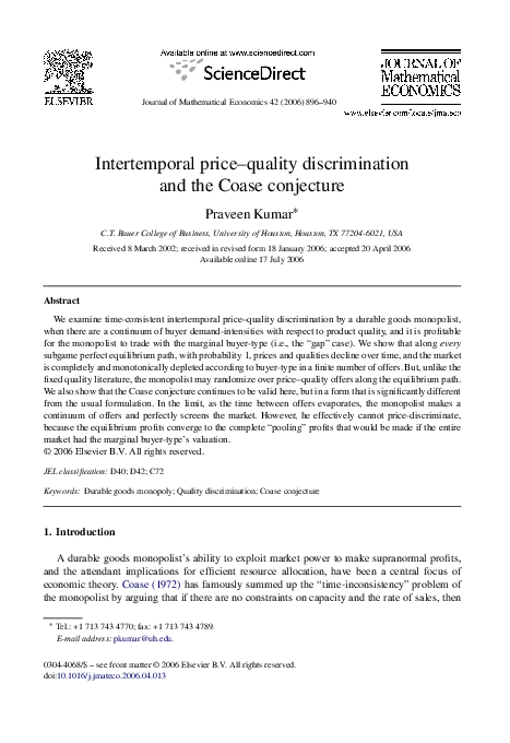 (PDF) Intertemporal price–quality discrimination and the Coase conjecture