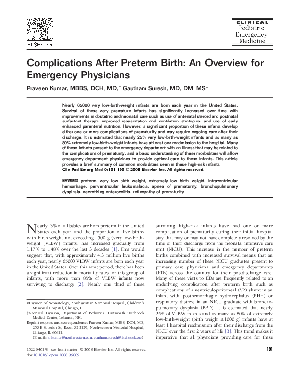 (PDF) Complications After Preterm Birth: An Overview for Emergency ...