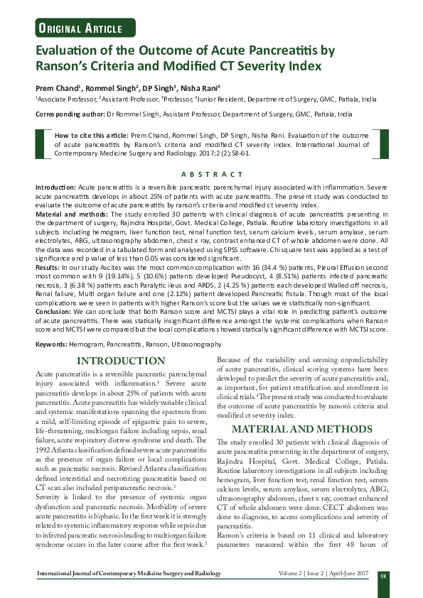 (PDF) Evaluation of the Outcome of Acute Pancreatitis by Ranson's ...