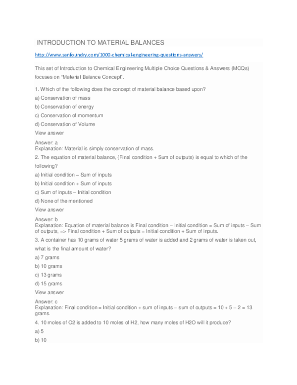 (DOC) INTRODUCTION TO MATERIAL BALANCES
