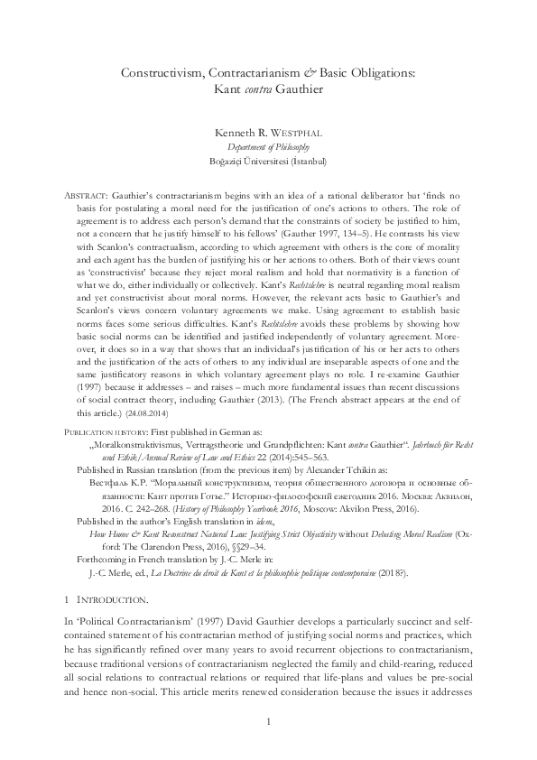 (PDF) Constructivism, Contractarianism & Basic Obligations: Kant contra ...