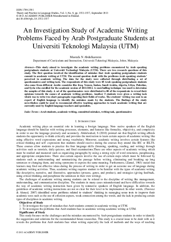 (PDF) An Investigation Study of Academic Writing Problems Faced by Arab ...