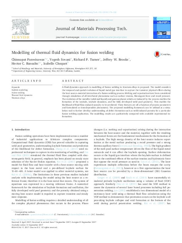 (PDF) Modelling of thermal fluid dynamics for fusion welding