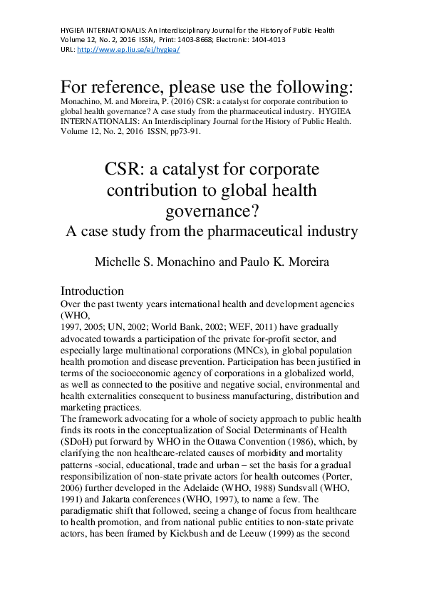 (PDF) CSR: a catalyst for corporate contribution to global health ...