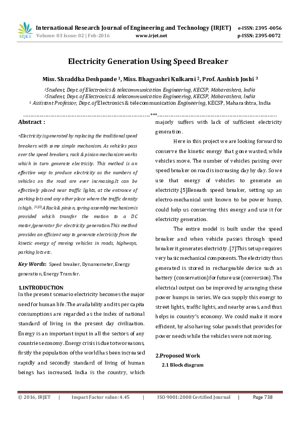 (PDF) Electricity Generation Using Speed Breaker