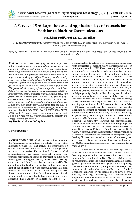 Pdf A Survey Of Mac Layer Issues And Application Layer Protocols For Machine To Machine