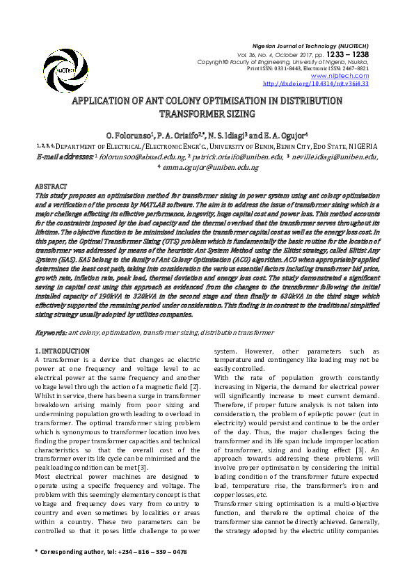 Pdf Application Of Ant Colony Optimization In Distribution Transformer Sizing