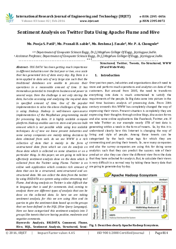 (PDF) Sentiment Analysis on Twitter Data Using Apache Flume and Hive