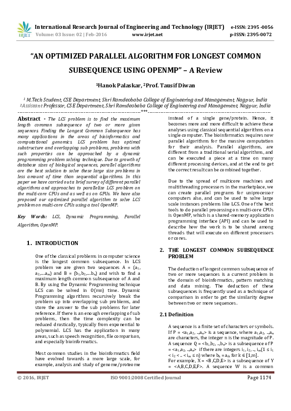 Pdf An Optimized Parallel Algorithm For Longest Common Subsequence Using Openmp A Review