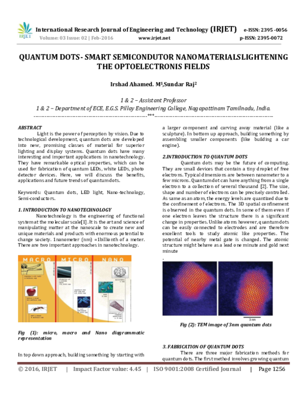 (PDF) QUANTUM DOTS-SMART SEMICONDUTOR NANOMATERIALSLIGHTENING THE ...