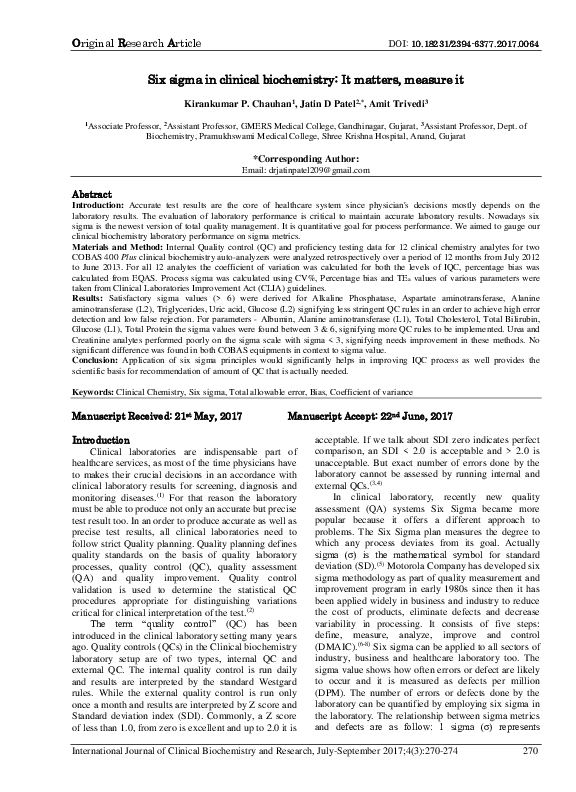 (PDF) Six sigma in clinical biochemistry: It matters, measure it