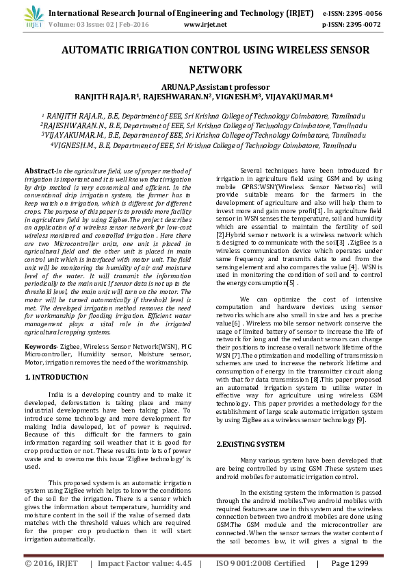 (PDF) AUTOMATIC IRRIGATION CONTROL USING WIRELESS SENSOR NETWORK