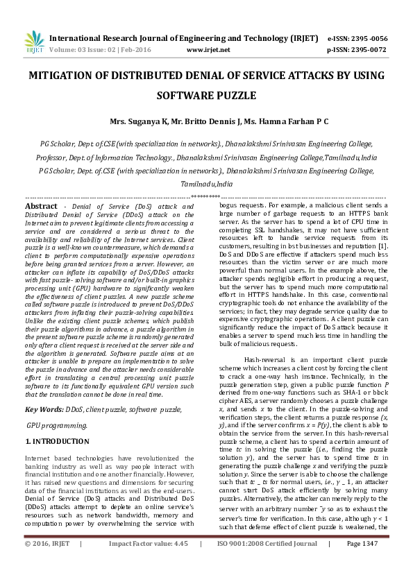 Pdf Mitigation Of Distributed Denial Of Service Attacks By Using Software Puzzle