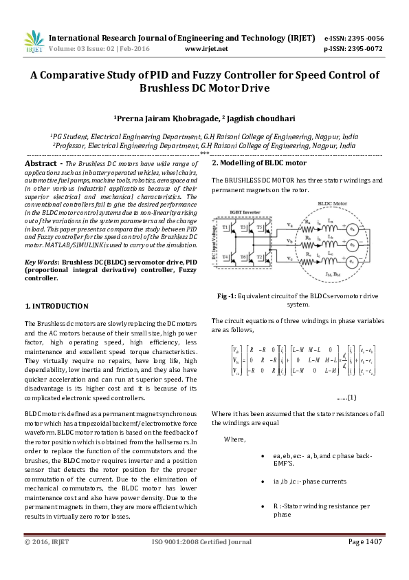 (PDF) A Comparative Study of PID and Fuzzy Controller for Speed Control of Brushless DC Motor Drive