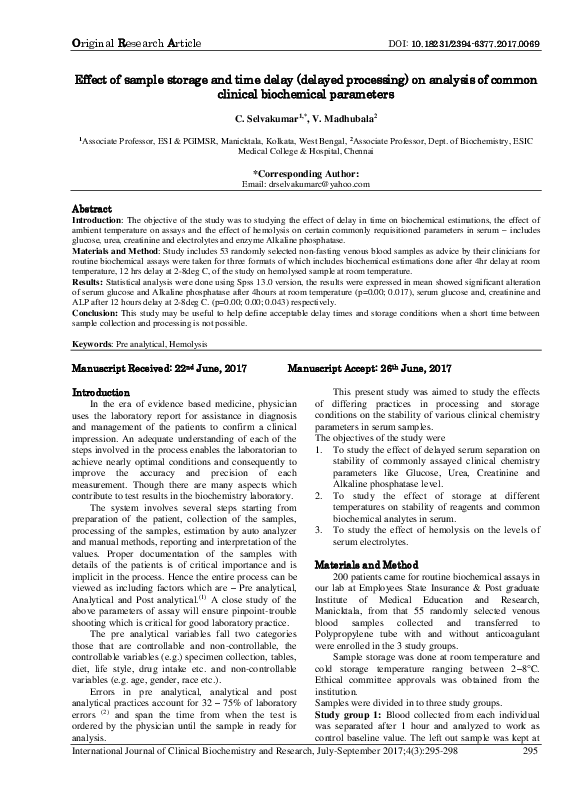 Pdf Effect Of Sample Storage And Time Delay Delayed Processing On Analysis Of Common