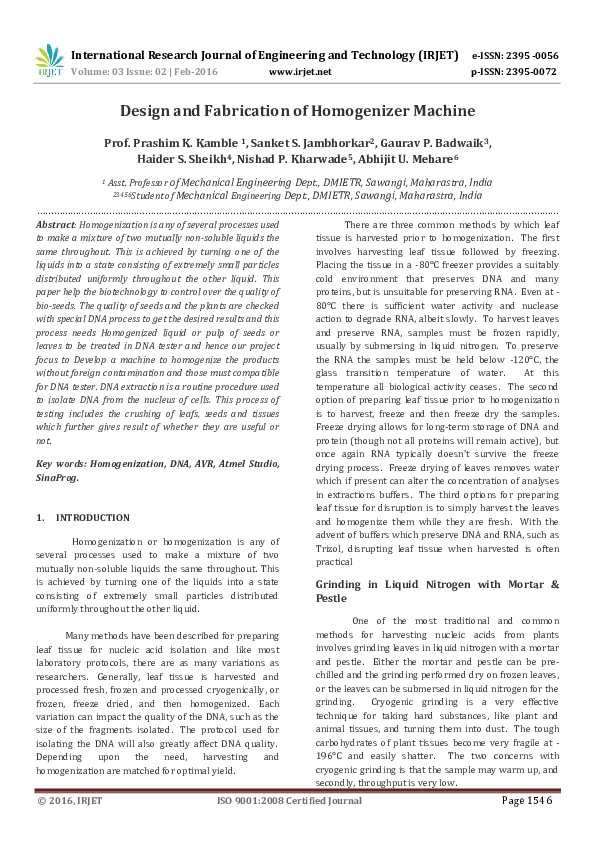 (PDF) Design and Fabrication of Homogenizer Machine