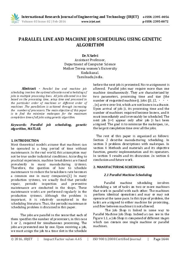 Pdf Parallel Line And Machine Job Scheduling Using Genetic Algorithm