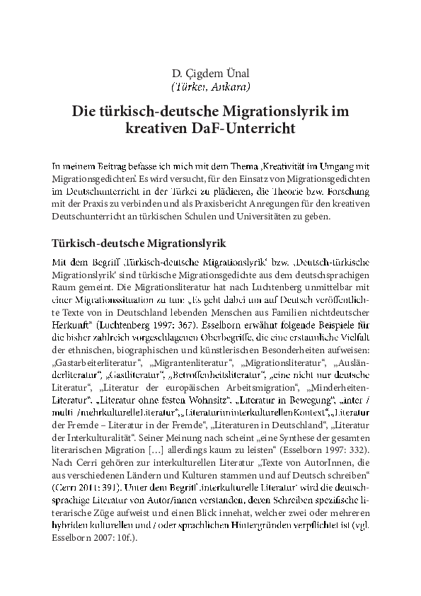 (PDF) Die türkisch-deutsche Migrationslyrik im kreativen DaF-Unterricht