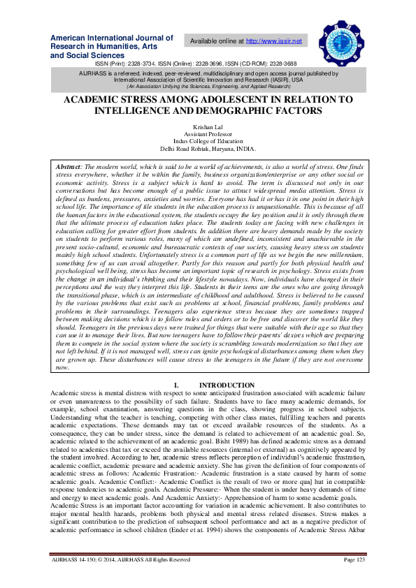 (PDF) ACADEMIC STRESS AMONG ADOLESCENT IN RELATION TO INTELLIGENCE AND DEMOGRAPHIC FACTORS