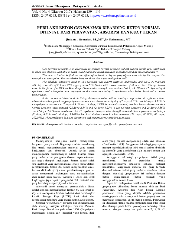 (PDF) PERILAKU BETON GEOPOLYMER DIBANDING BETON NORMAL DITINJAU DARI PERAWATAN ABSORPSI DAN KUAT ...