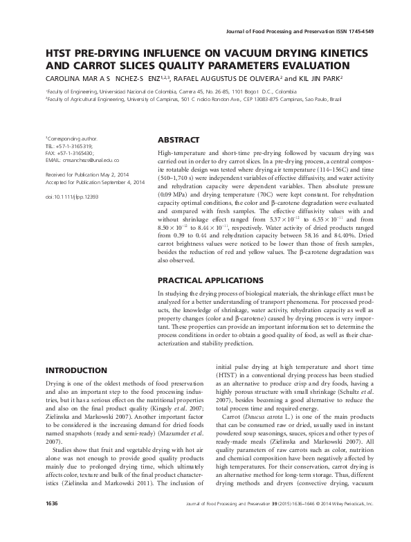 (PDF) HTST PRE-DRYING INFLUENCE ON VACUUM DRYING KINETICS AND CARROT ...