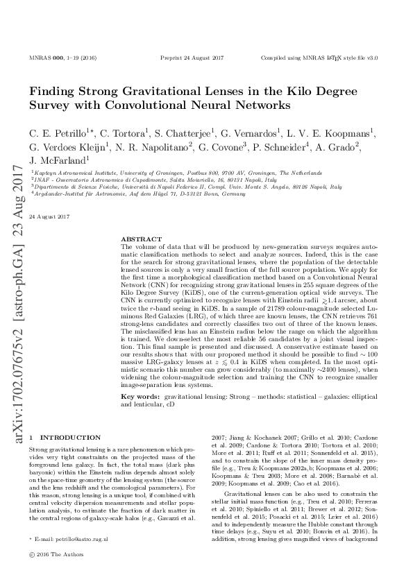 Pdf Finding Strong Gravitational Lenses In The Kilo Degree Survey With Convolutional Neural