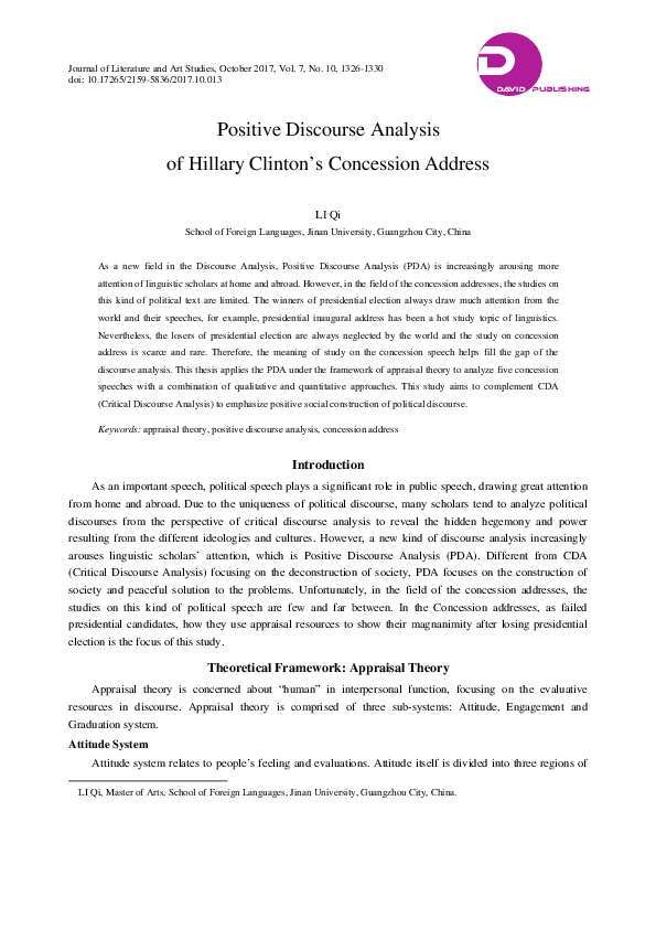 (PDF) Positive Discourse Analysis of Hillary Clinton's Concession Address