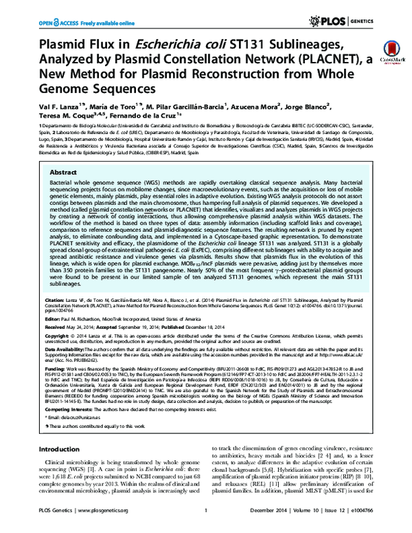 (PDF) Plasmid Flux in Escherichia coli ST131 Sublineages, Analyzed by ...