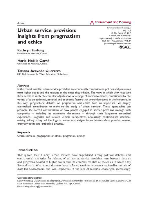(PDF) Urban service provision: Insights from pragmatism and ethics