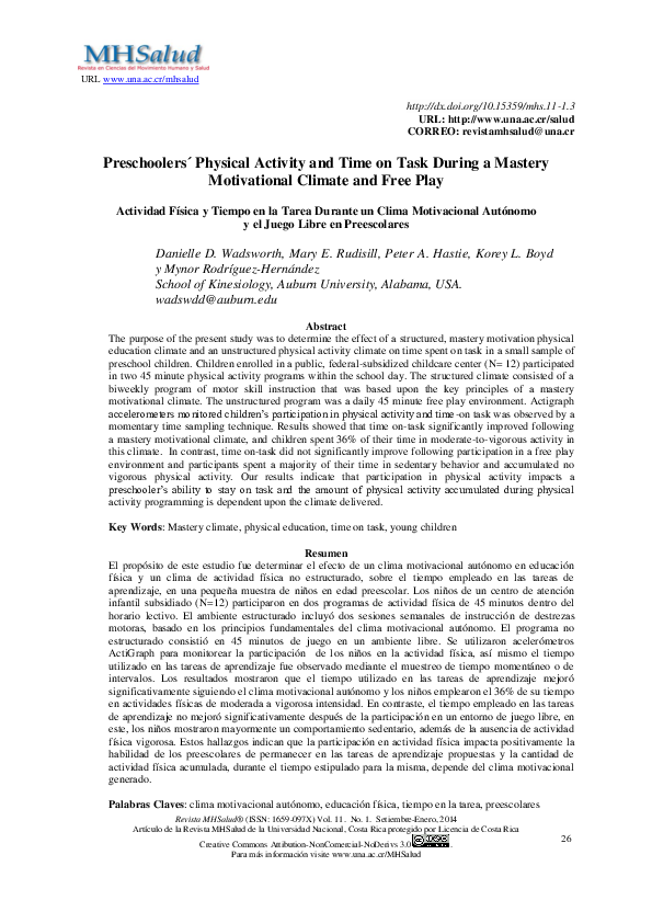 (PDF) Preschoolers´Physical Activity and Time on Task During a Mastery ...