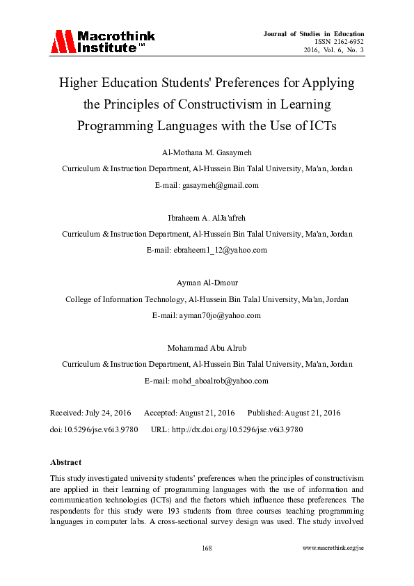 (PDF) Higher Education Students' Preferences for Applying the Principles of Constructivism in ...