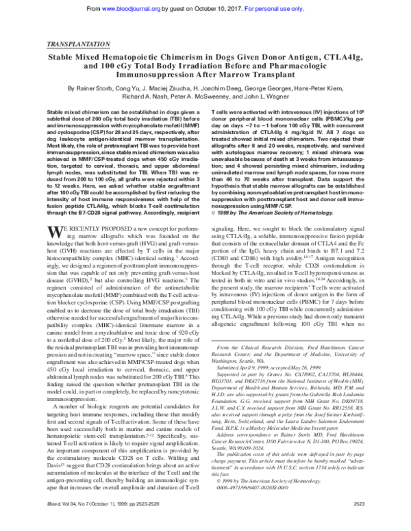(PDF) Stable Mixed Hematopoietic Chimerism in Dogs Given Donor Antigen ...