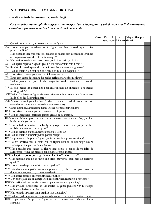 (PDF) INSATISFACCION DE IMAGEN CORPORAL Cuestionario de la Forma Corporal (BSQ
