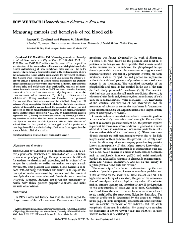 (PDF) Measuring osmosis and hemolysis of red blood cells