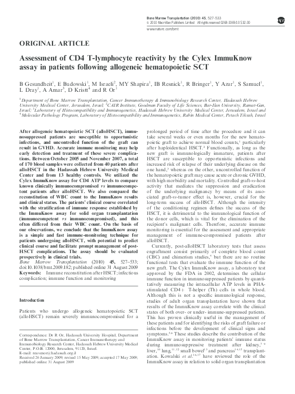 (PDF) Assessment of CD4 T-lymphocyte reactivity by the Cylex ImmuKnow ...