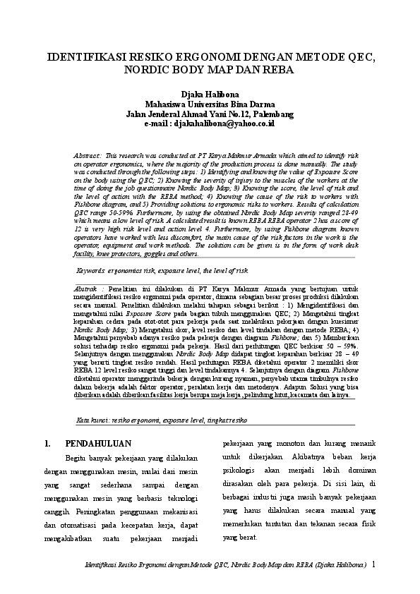 IDENTIFIKASI RESIKO ERGONOMI DENGAN METODE QEC, NORDIC BODY MAP DAN REBA