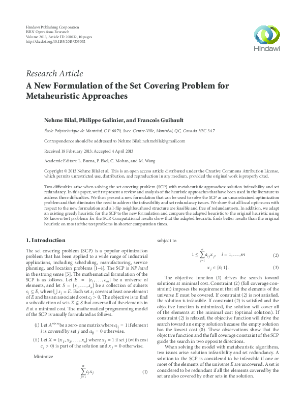 (PDF) A New Formulation of the Set Covering Problem for Metaheuristic Approaches
