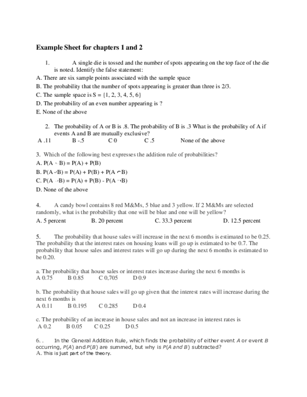 (DOC) Example Sheet for chapters 1 and 2