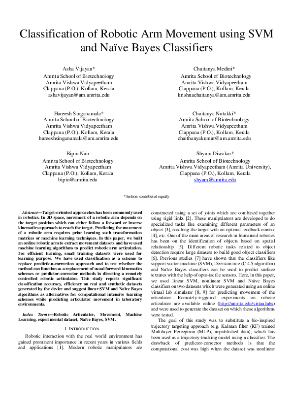 (PDF) Classification of robotic arm movement using SVM and Naïve Bayes classifiers