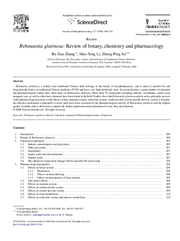 (PDF) Rehmannia glutinosa: Review of botany, chemistry and pharmacology